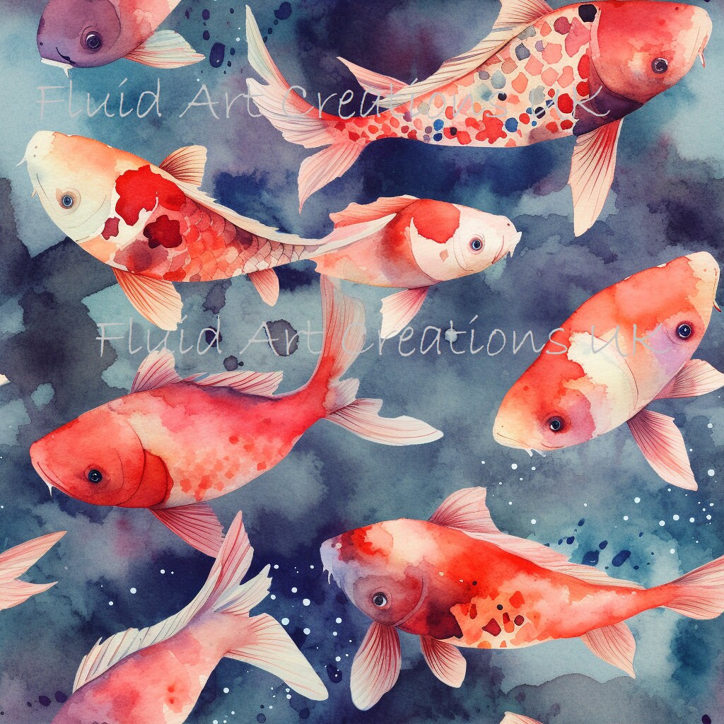 6 X Watercolour Koi Fish Digital Paper, Koi Fish Seamless Pattern, Koi ...
