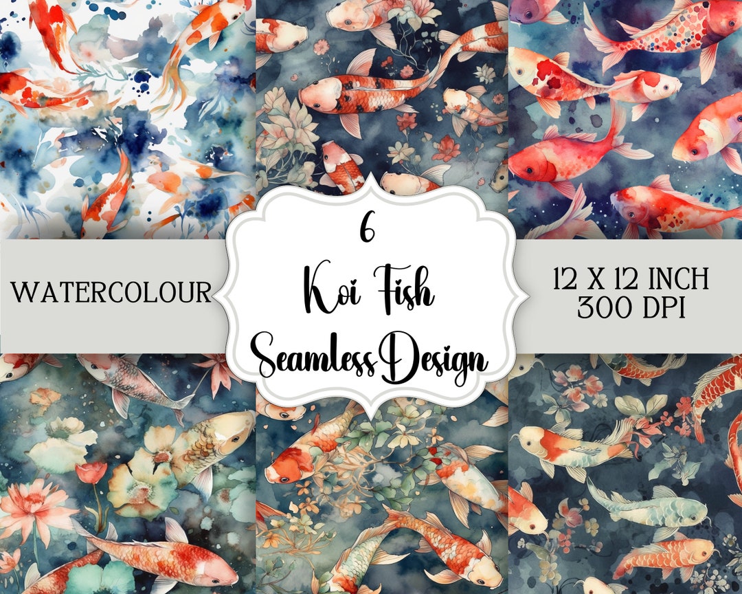 6 X Watercolour Koi Fish Digital Paper, Koi Fish Seamless Pattern, Koi ...