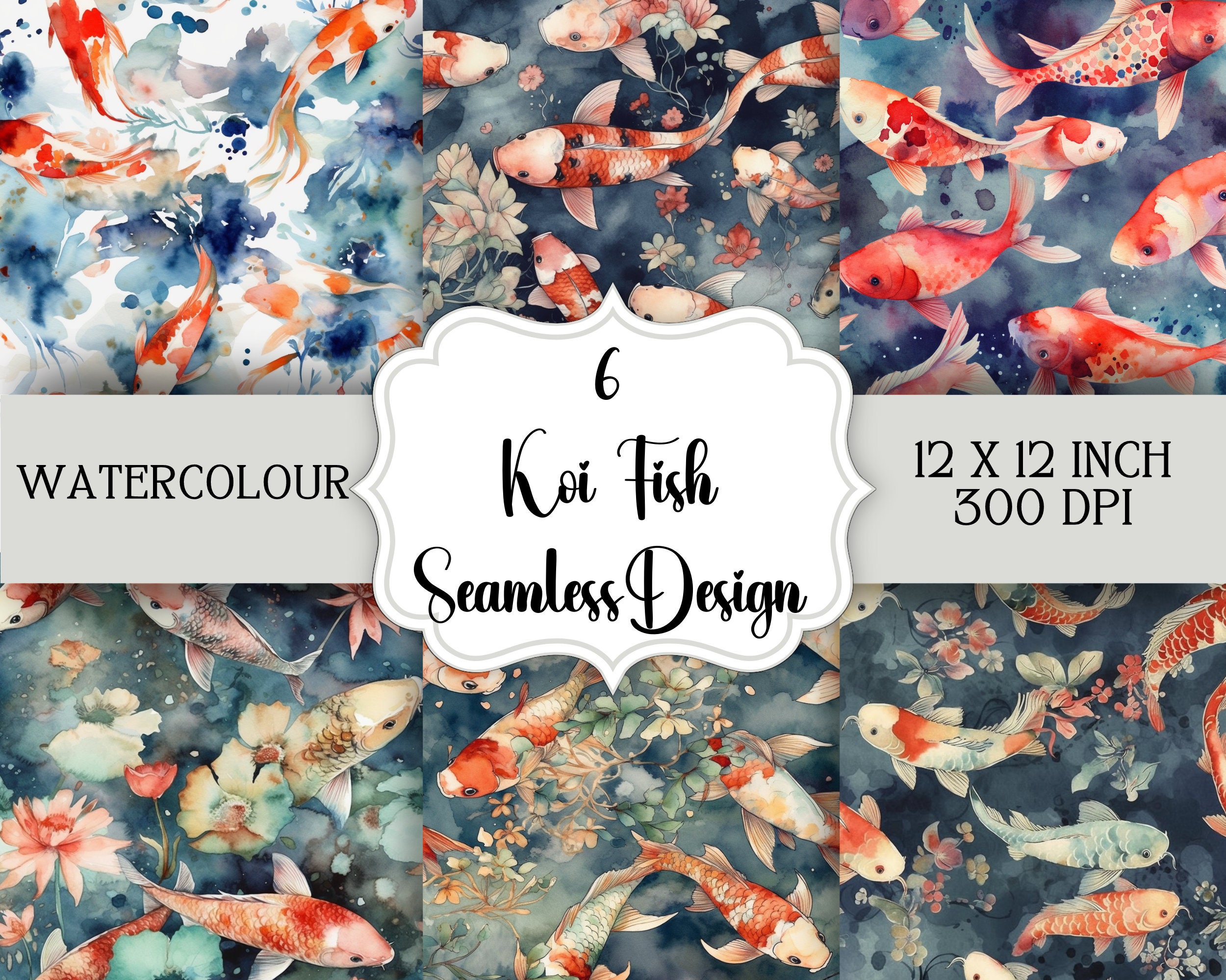 6 X Watercolour Koi Fish Digital Paper, Koi Fish Seamless Pattern, Koi ...