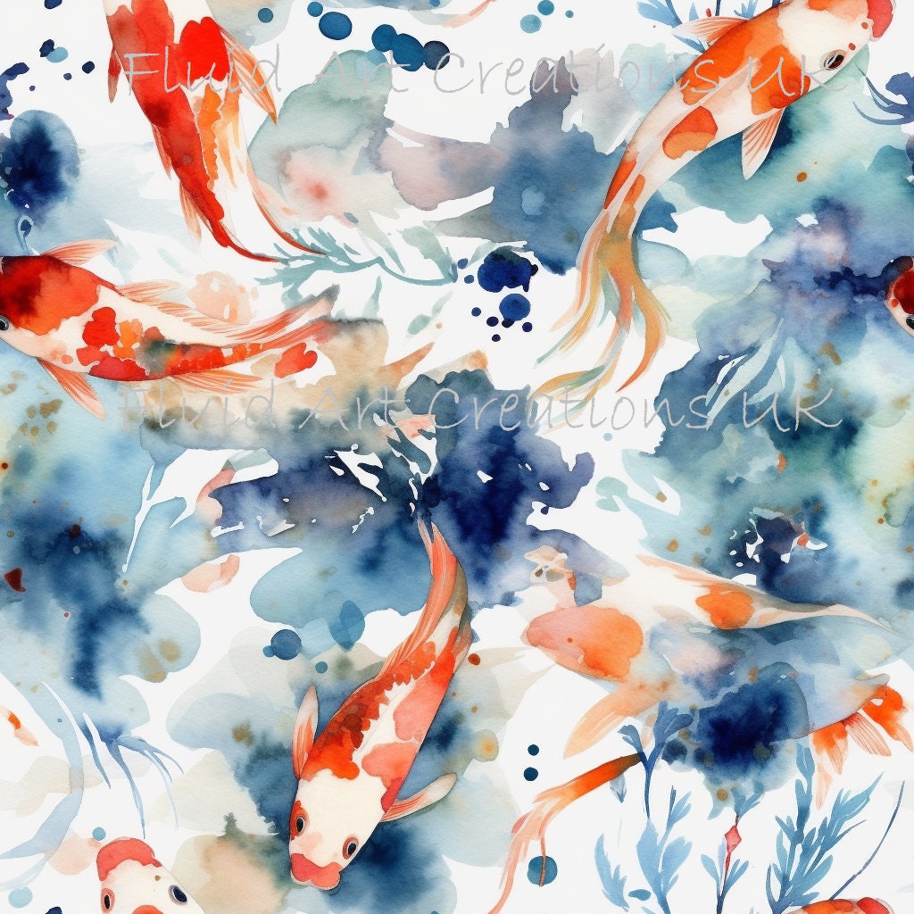 6 X Watercolour Koi Fish Digital Paper, Koi Fish Seamless Pattern, Koi ...