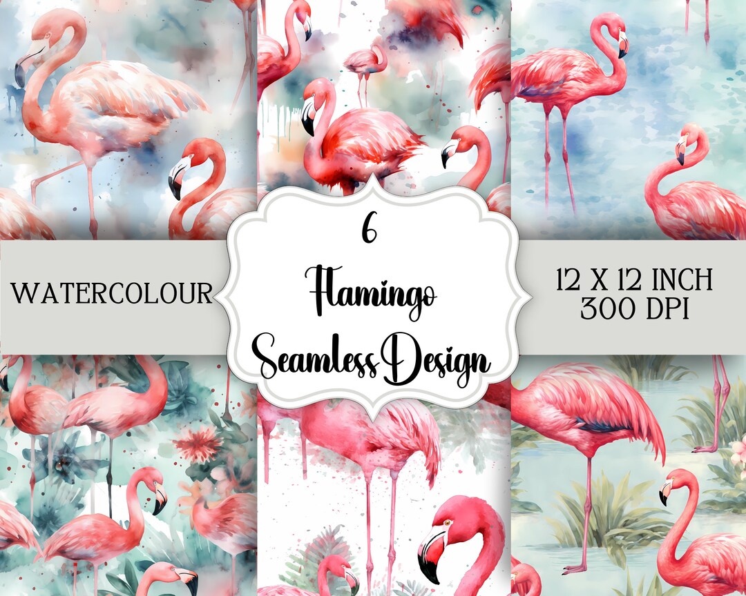 6 X Watercolour Flamingo Digital Paper, Flamingo Seamless Pattern ...