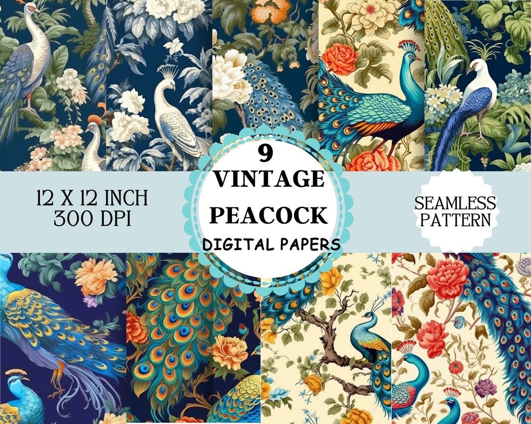 9 X Vintage Peacock Digital Papers, Seamless Pattern, Peacock Colours ...