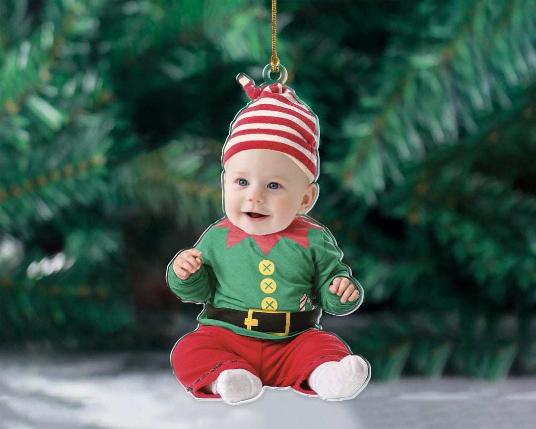 Personalized Baby Photo Elf Ornament, Custom Baby Face Ornament, Baby's ...