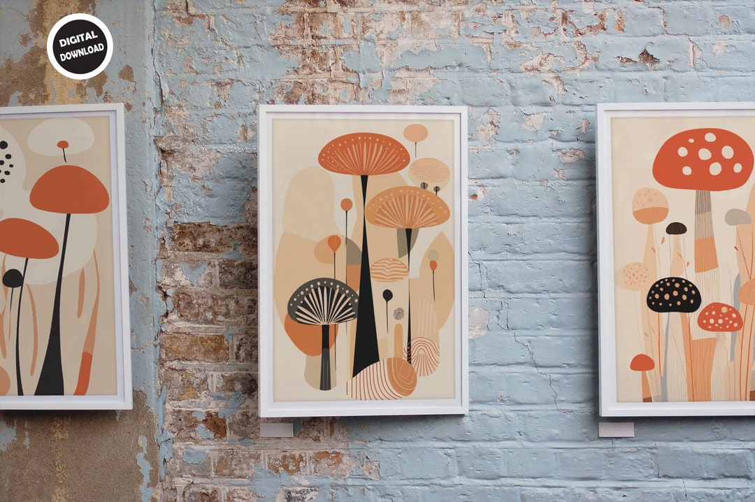 Boho Mushroom Print Set of 3, Minimalistic Mushroom Printable Art ...