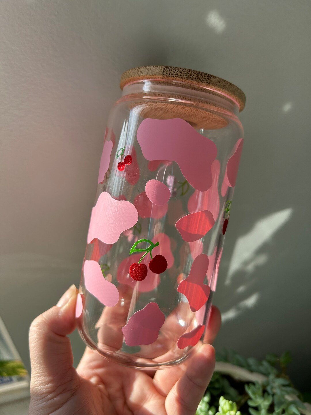 Pink Cow Print With Glitter Cherries Tumbler - Etsy