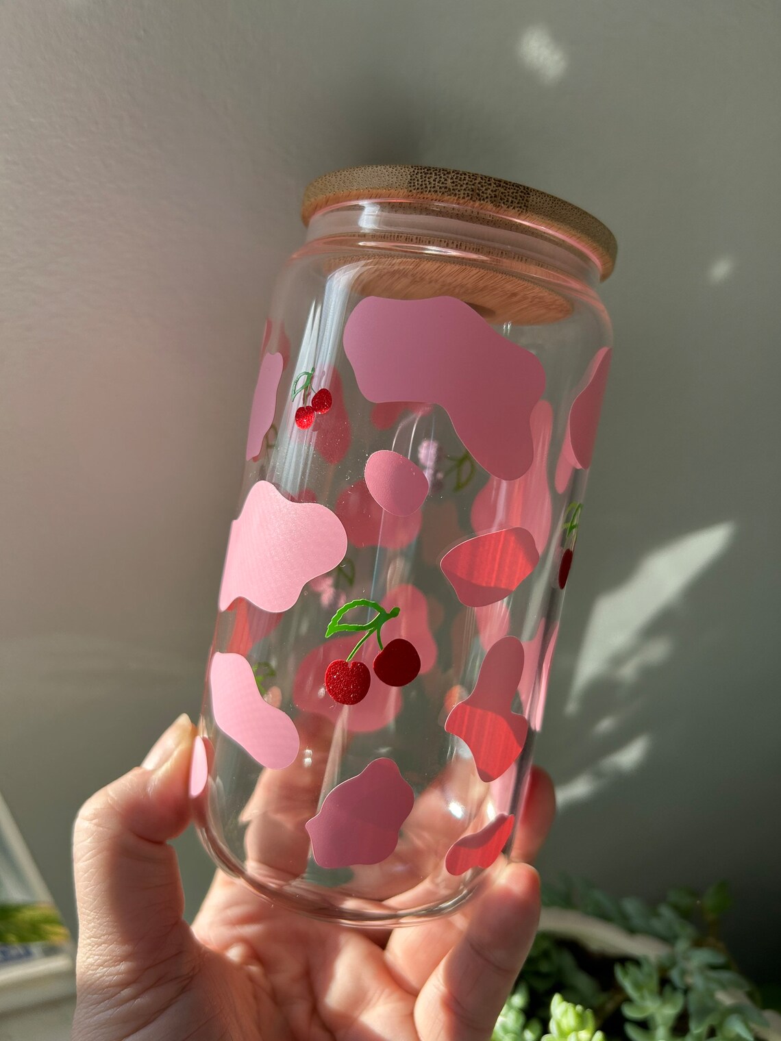 Pink Cow Print With Glitter Cherries Tumbler - Etsy