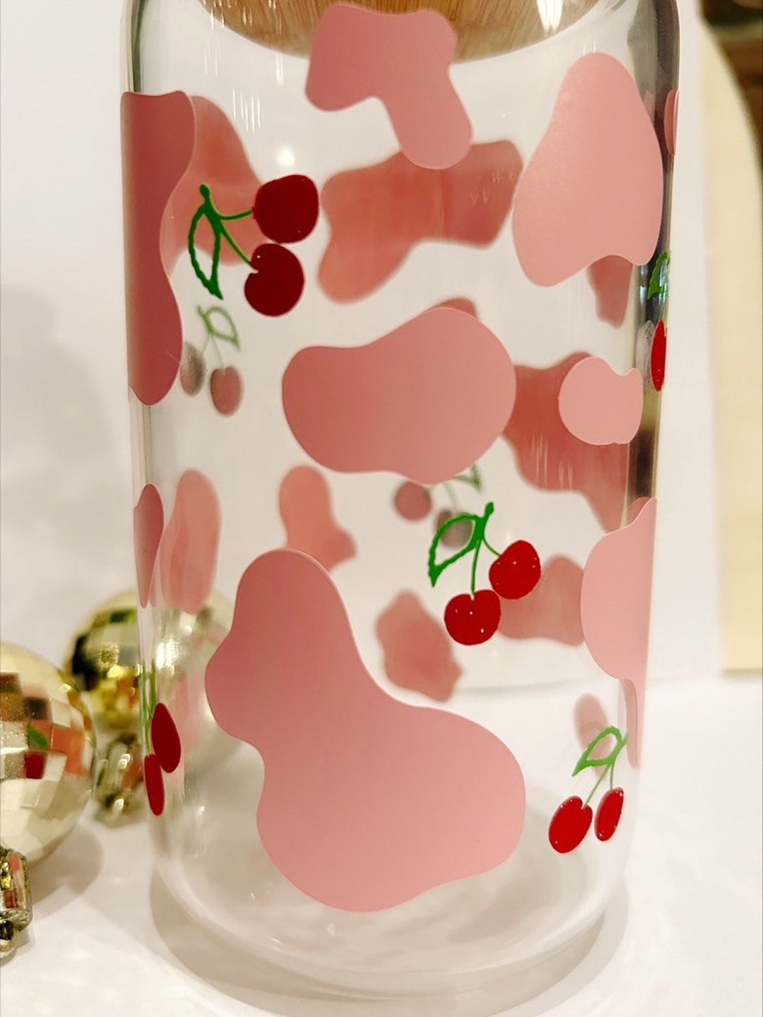 Pink Cow Print With Glitter Cherries Tumbler - Etsy