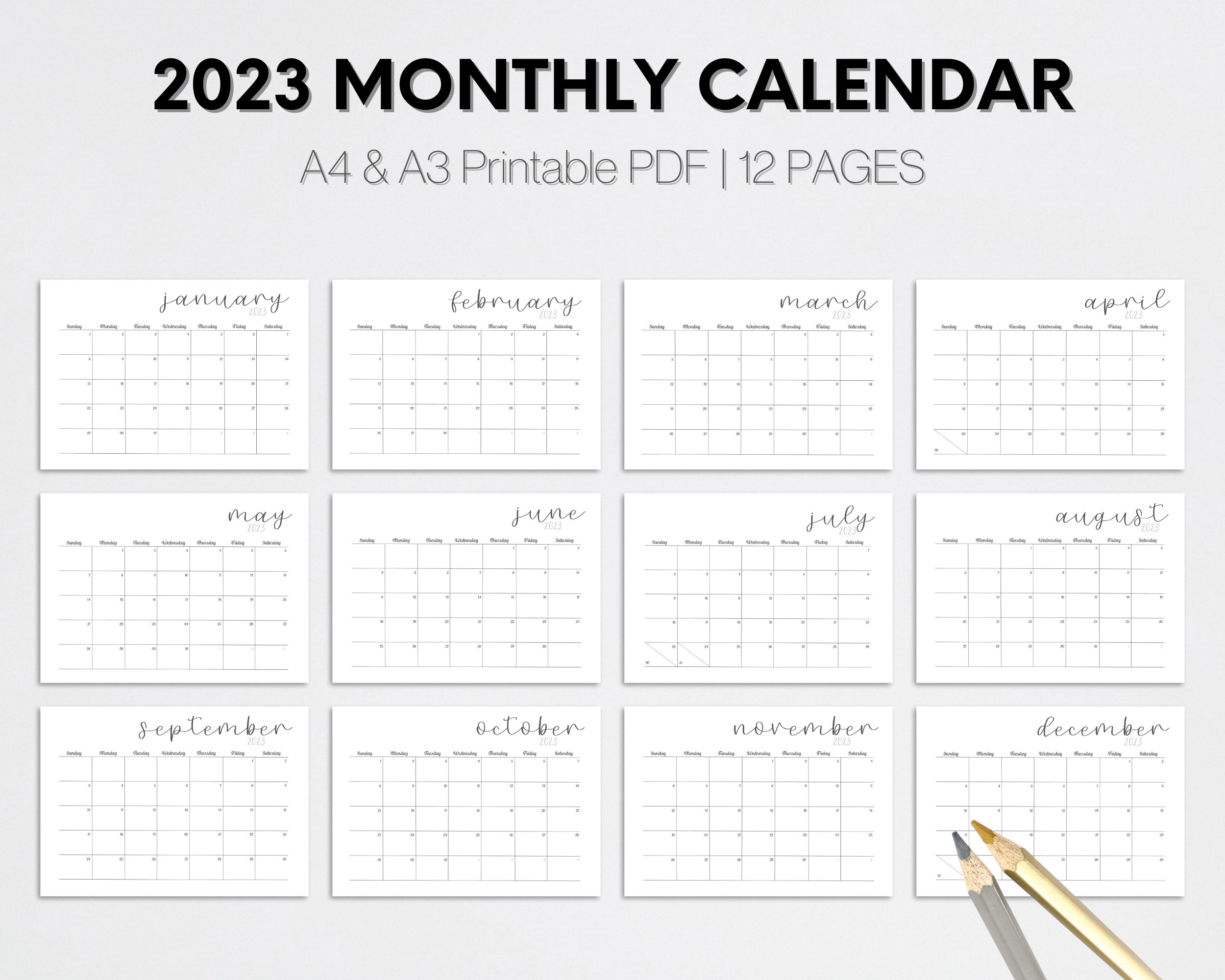 2023 Monthly Calendar, A3 & A4 Printable Calendar, 12 Month Calendar ...
