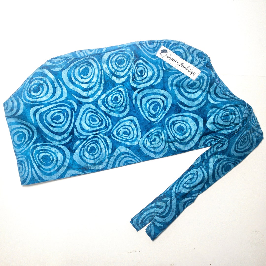 Women / Men Beautiful Batik Scrub Cap, RICH TEAL Swirl, Tie-back Pixie ...
