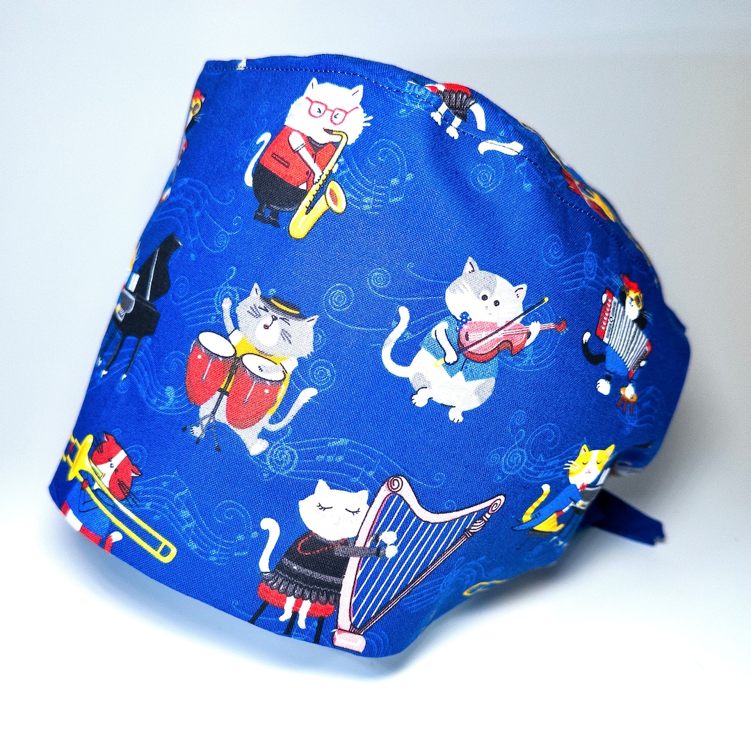 Cat Scrub Cap MEOWZART CONCERTO, Womens Music Cat Scrub Cap, Tie-back ...