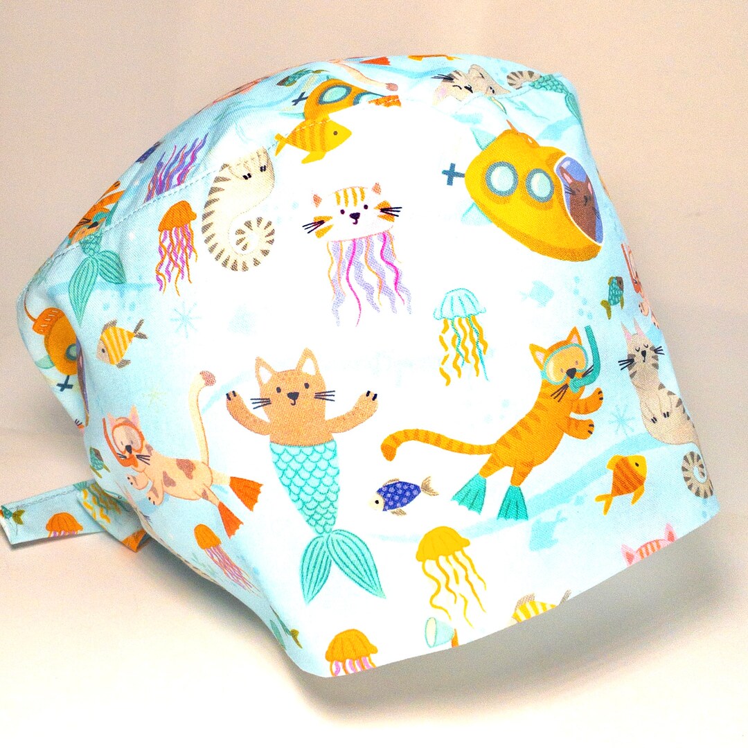 Women’s Mermaid Cat Scrub Cap, SEAFARING WHISKERS , 2 Sizes -- Tie-back ...