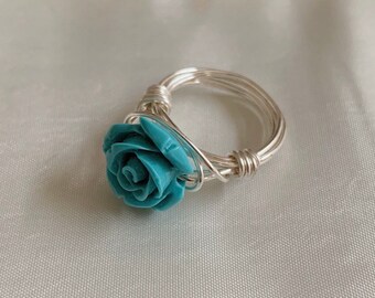 Sterling Silver Wire Wrapped Ring, Dark Blue Flower Ring, Gift for Her ...