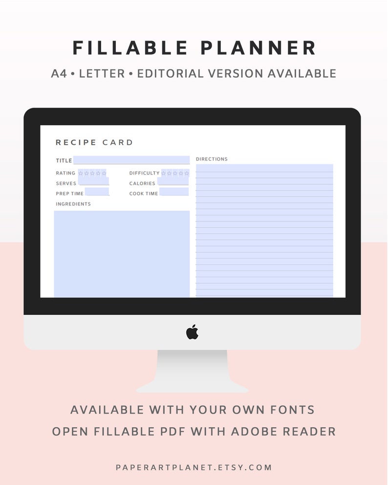 Printable Recipe Note Page Digital Editable Recipe Card, Recipe Notepad ...