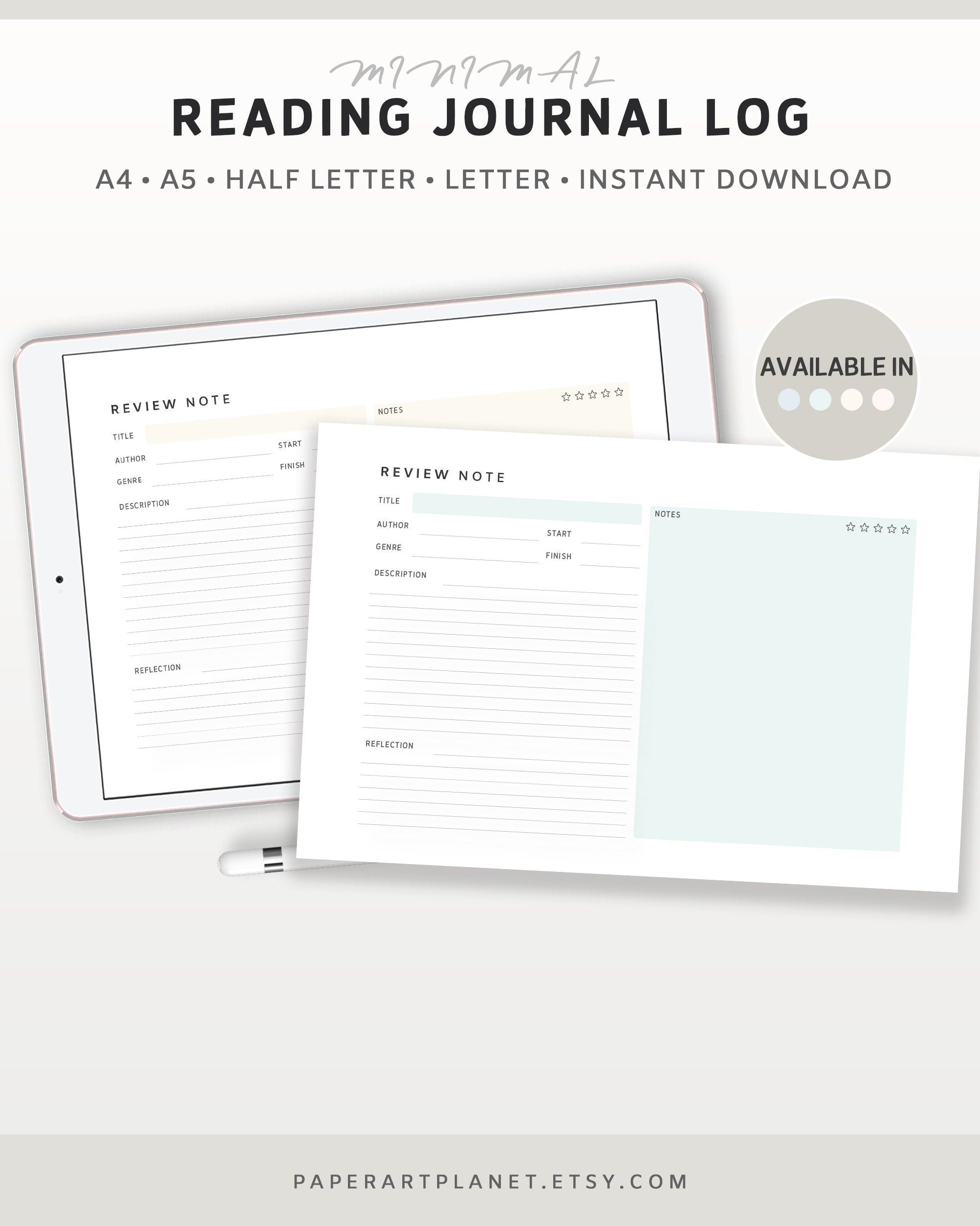 Printable Reading Journal Log Template Digital Reading Reflection ...