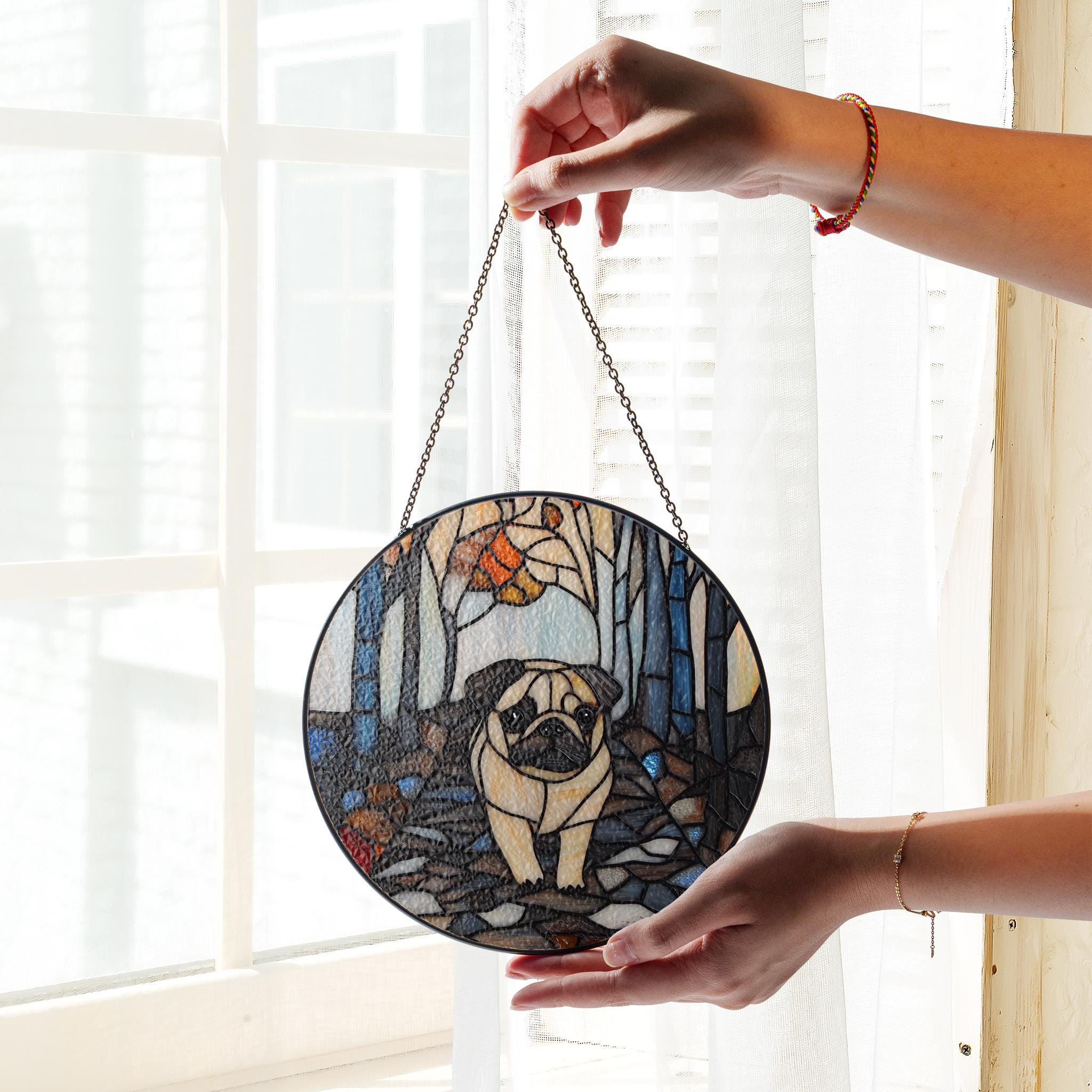 Pug Forest Glass Suncatcher for Window Hanging, Faux Stained Glass ...