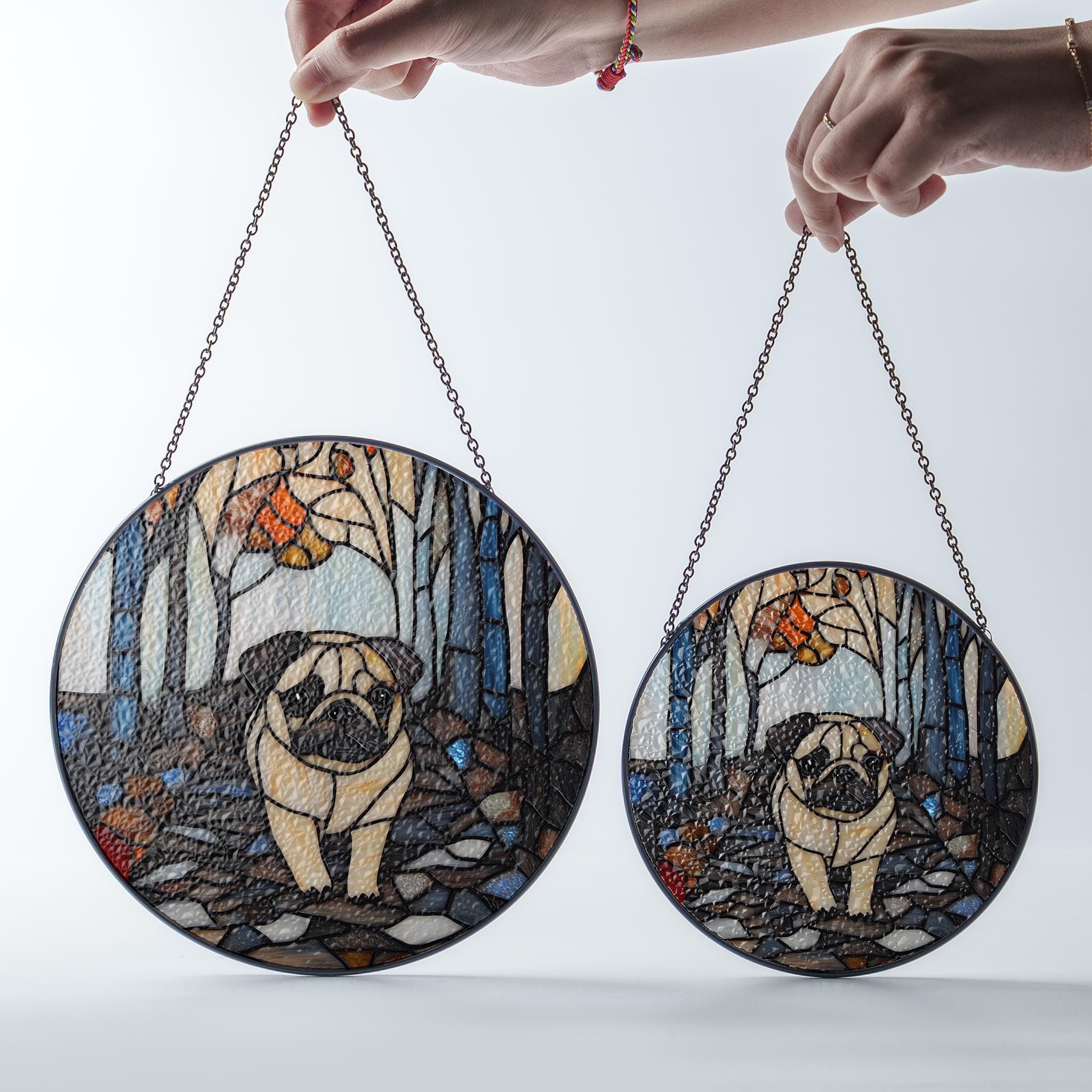 Pug Forest Glass Suncatcher for Window Hanging, Faux Stained Glass ...