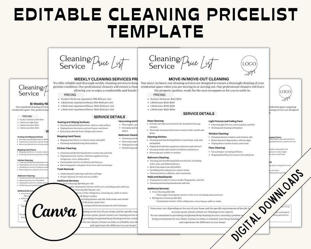 Editable Cleaning Service Price List - Cleaning Agreement - Cleaning ...