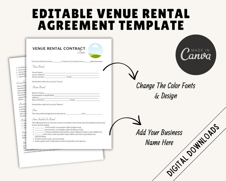 Venue Rental Contract Form, Venue Rental Agreement Template, Wedding ...