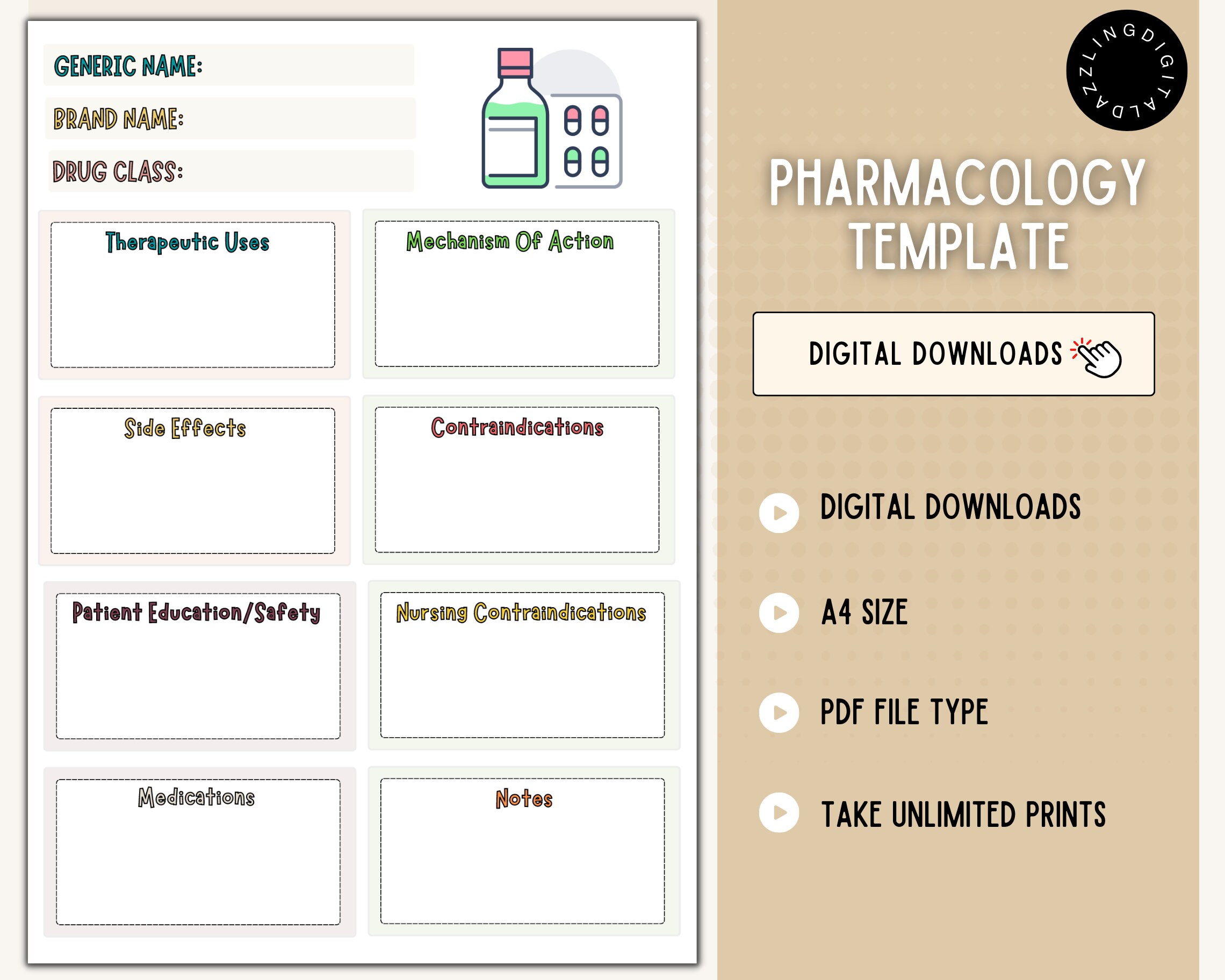 Pharmacology Template Note Taking Template Med Surg - Etsy