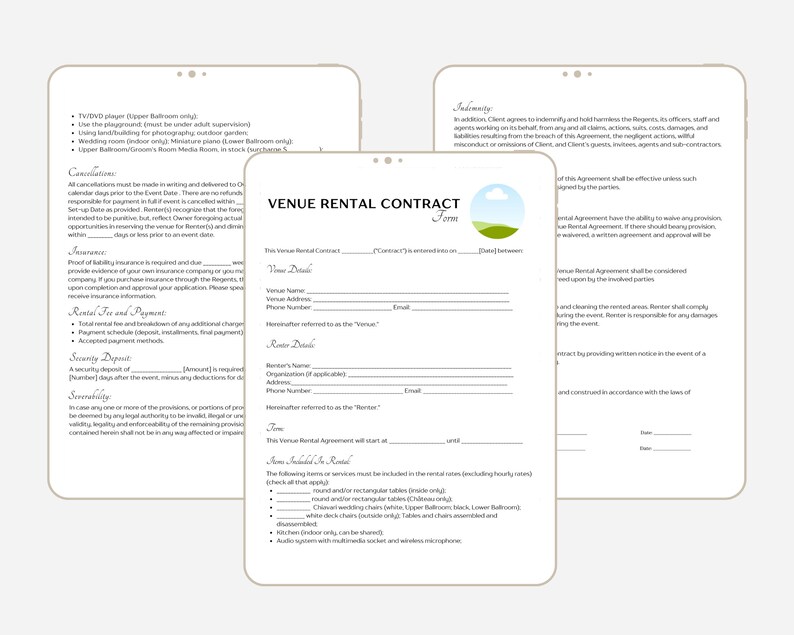 Venue Rental Contract Form, Venue Rental Agreement Template, Wedding ...