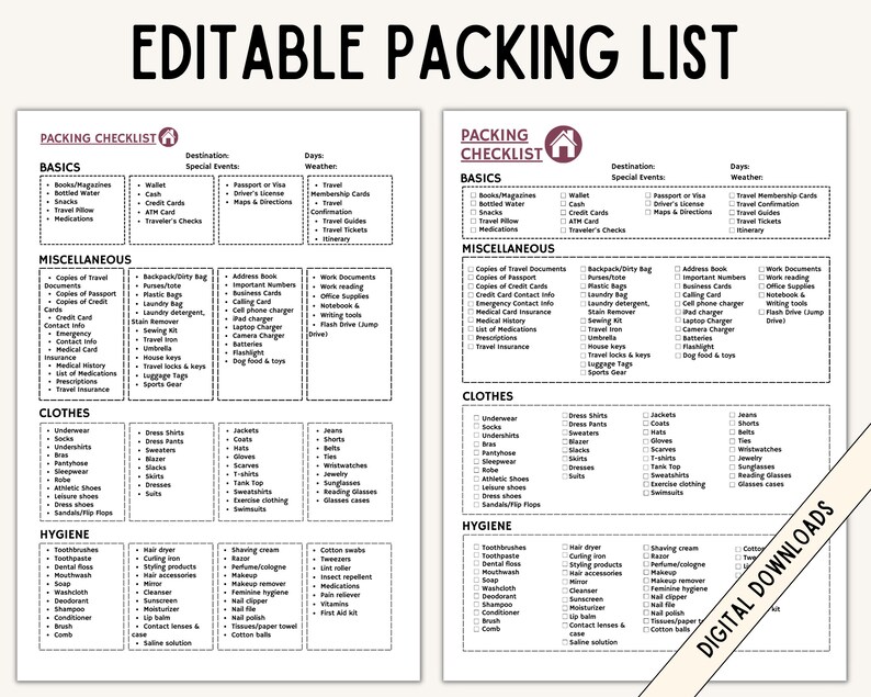 Packing Checklist Fillable Editable - Packing List - Packing Template ...
