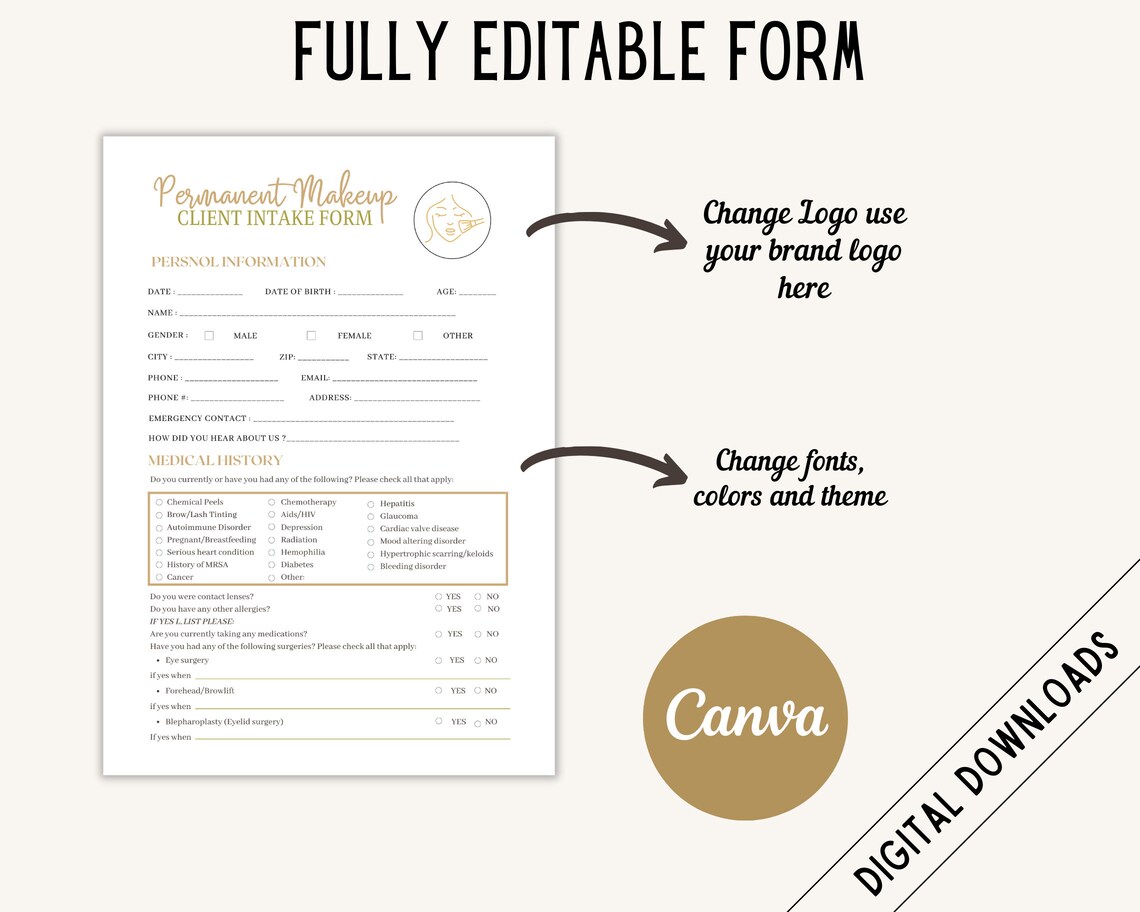 Editable Permanent Makeup Bundle Esthetician Forms Microblading Forms PMU Consent Form PMU ...