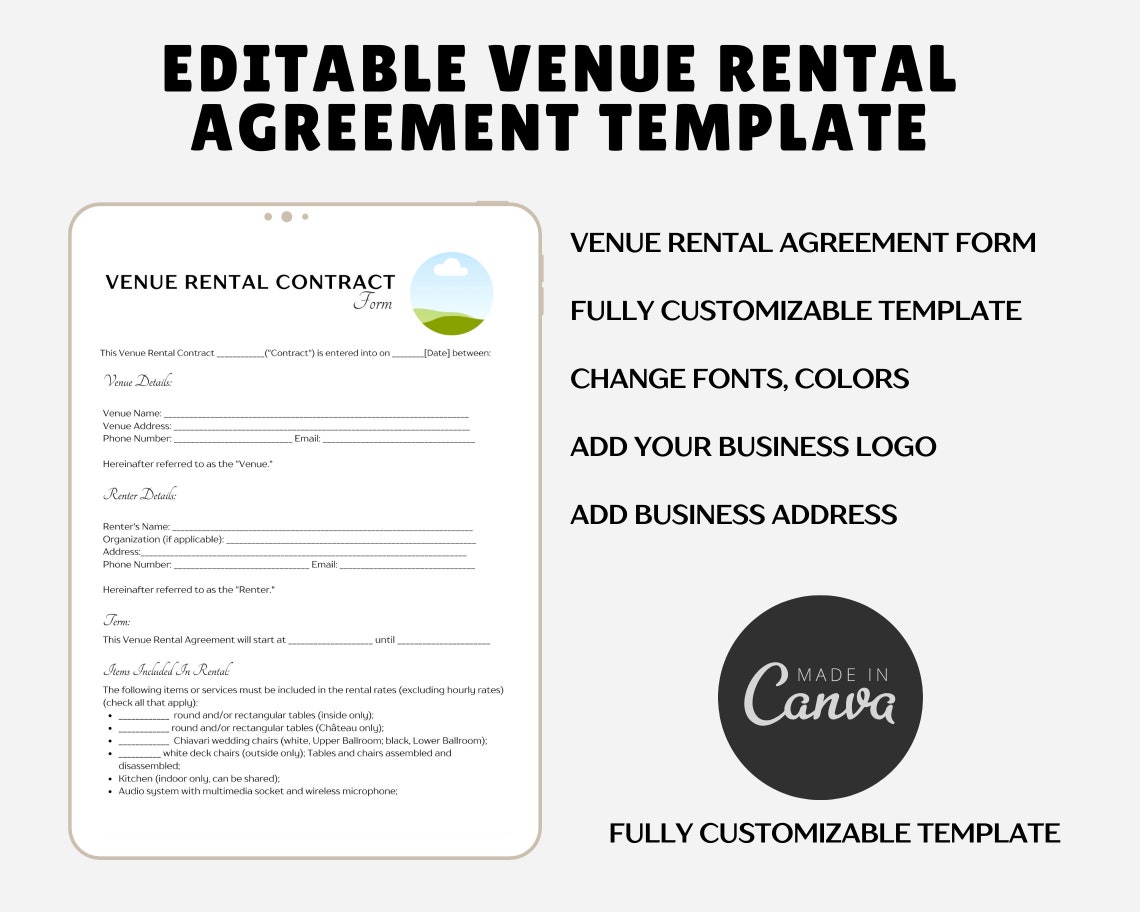 Venue Rental Contract Form, Venue Rental Agreement Template, Wedding ...
