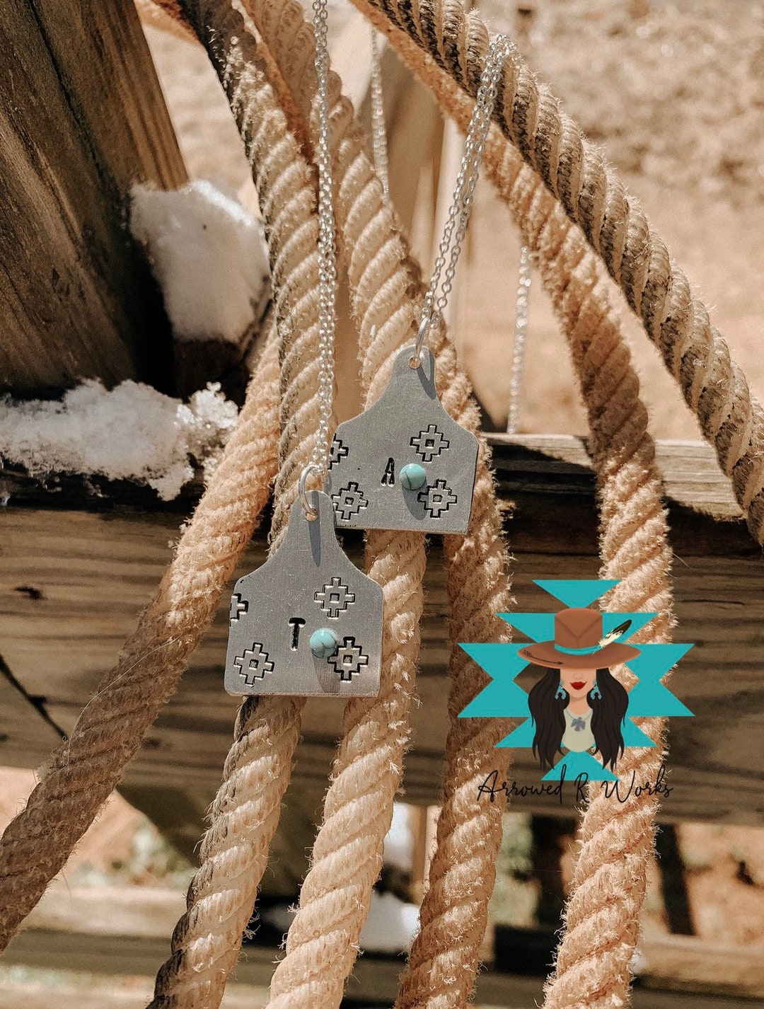 Custom Initial Cow Tag Necklace W/ Aztec & Turquoise - Etsy