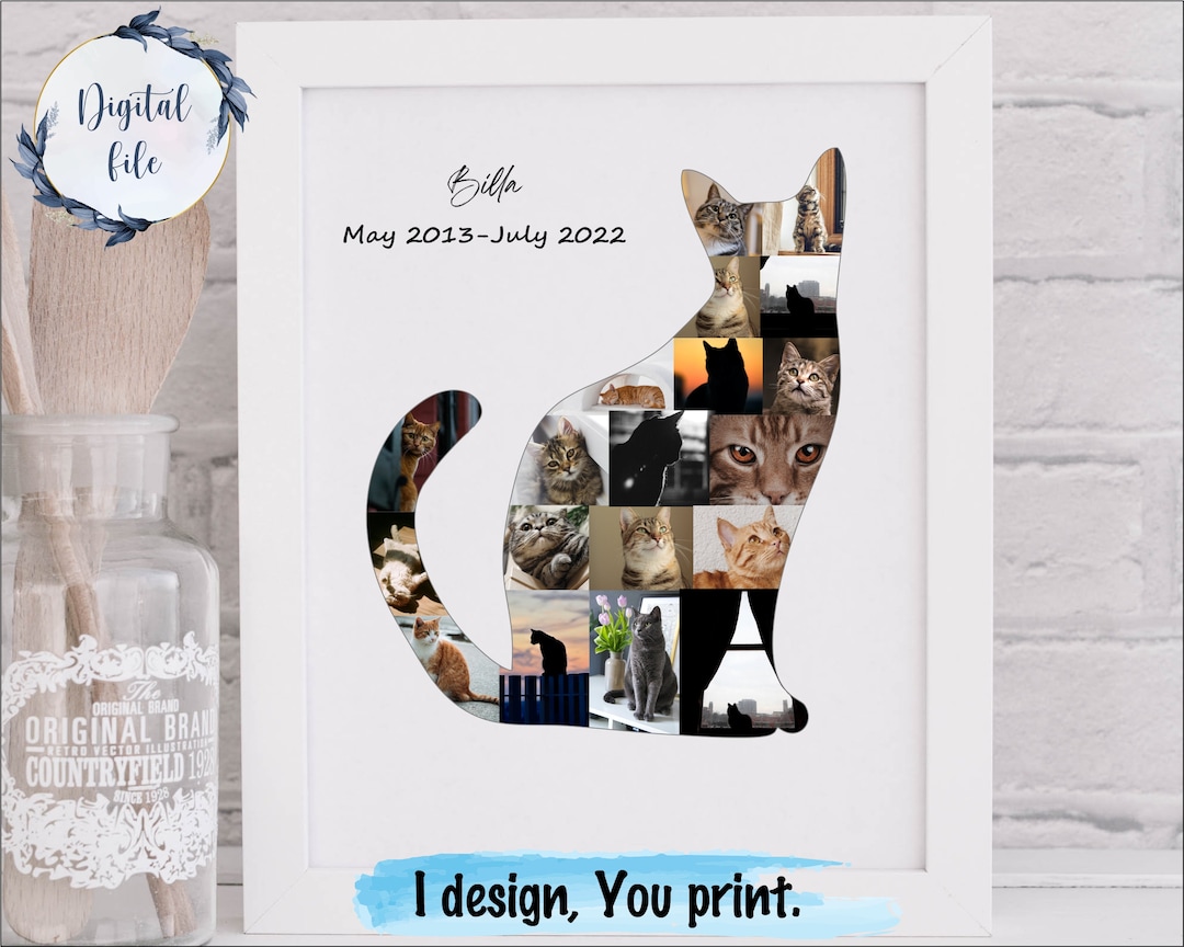 Custom Cat Photo Collage, Personalised Cat Memorial, Cat Shape Photo ...