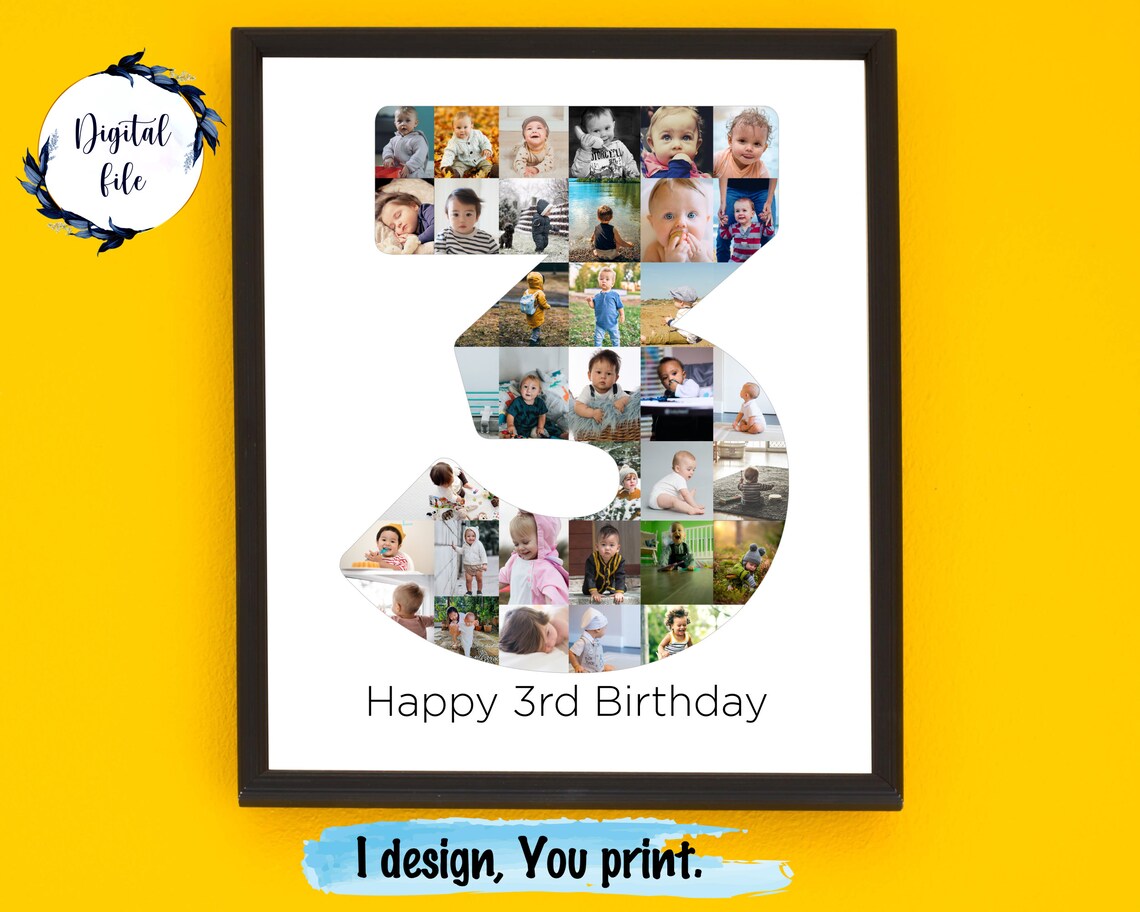 Third Birthday Photo Collage: Number 3 Printable Poster (digital ...