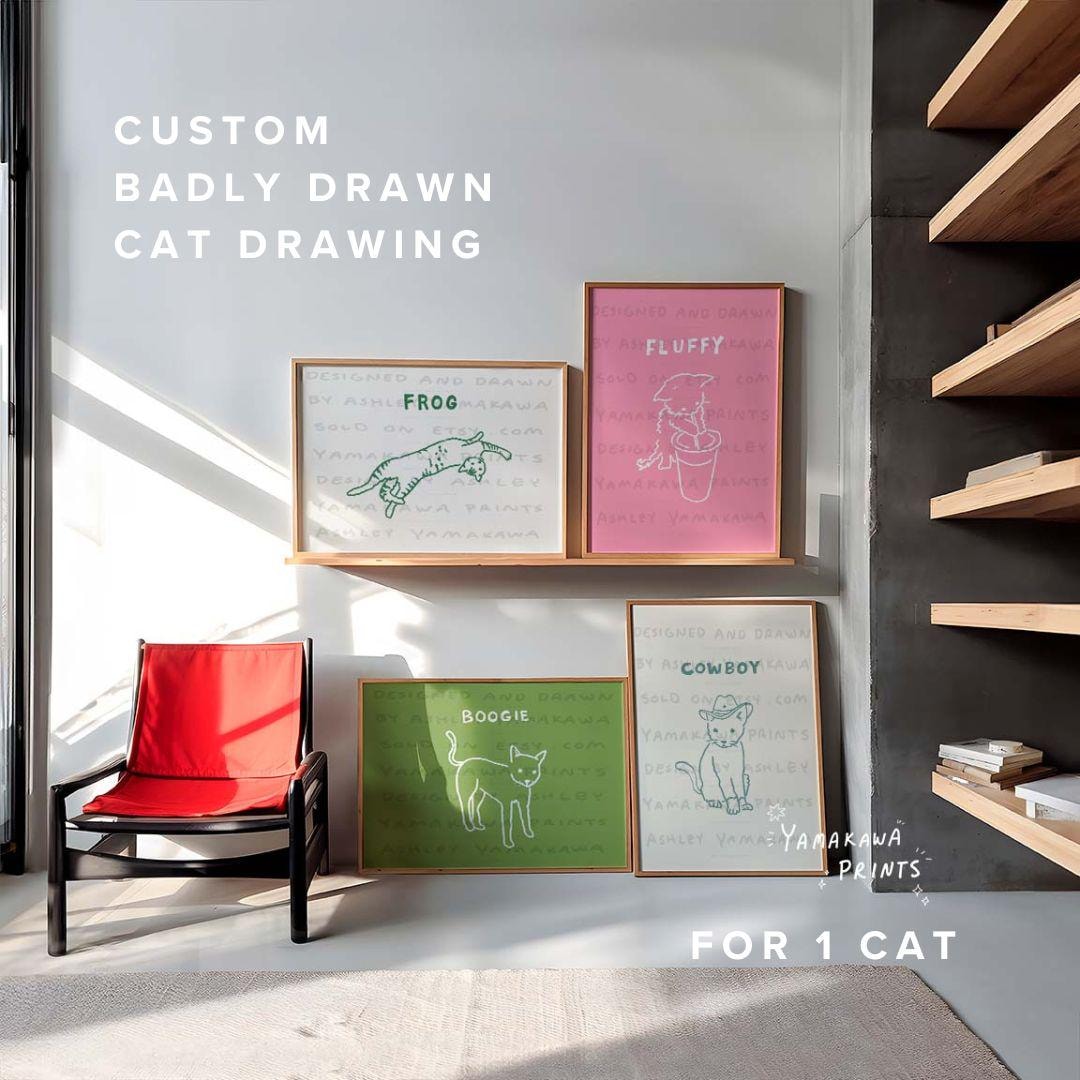Custom Badly Drawn Cat Drawing, Digital Printable Cat Portrait Wall Art ...