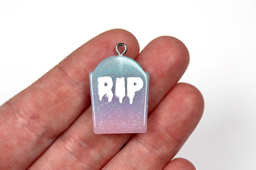 4 X Blue Purple and Pink RIP Tombstone Acrylic Charms With Silver Metal ...