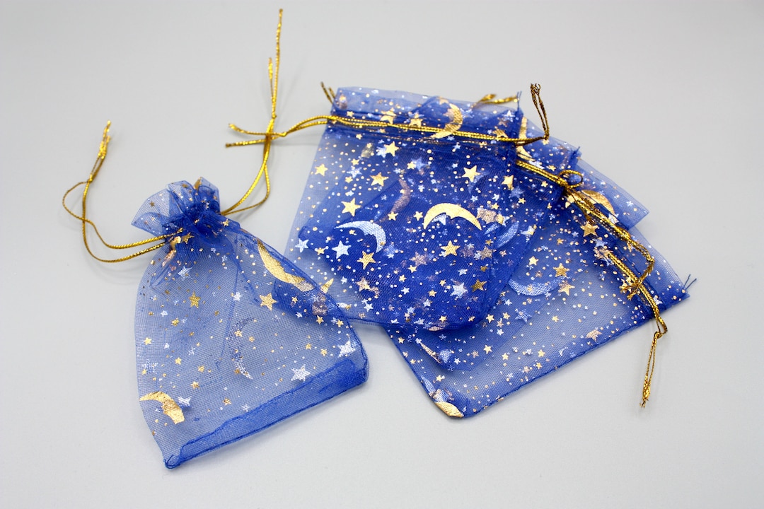 9cm X 12cm Blue and Gold Moon and Star Pull String Organza Bags ...