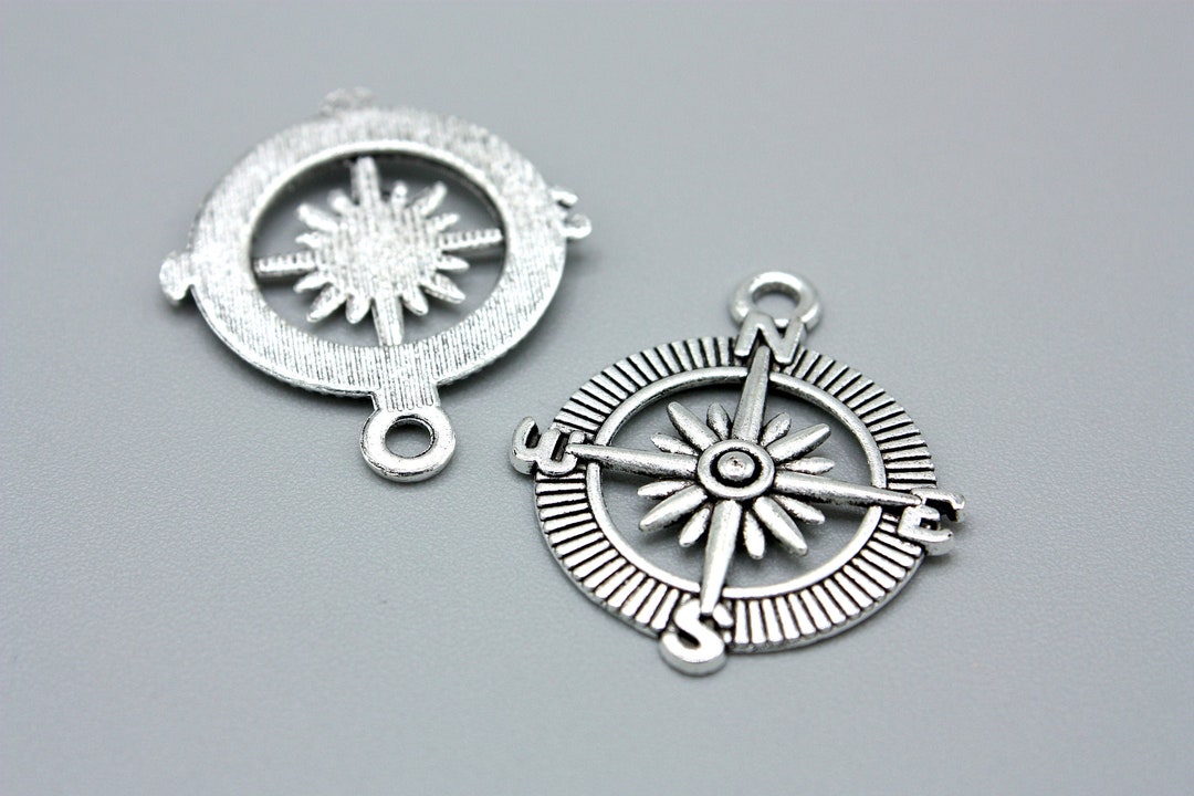 10 X Metal Silver Tone Compass Charms, Jewellery Making, Jewellery ...