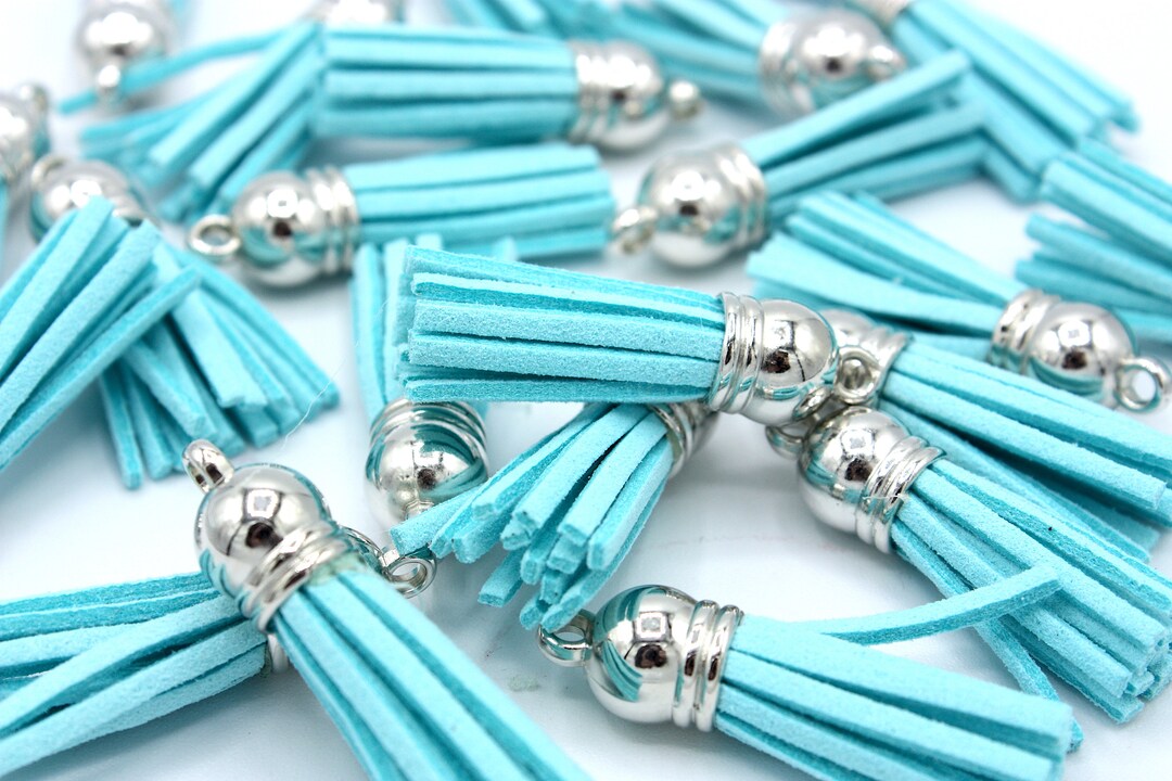 Light Blue Faux Leather Silver Top Tassels, Silver Cap Tassel, Light ...