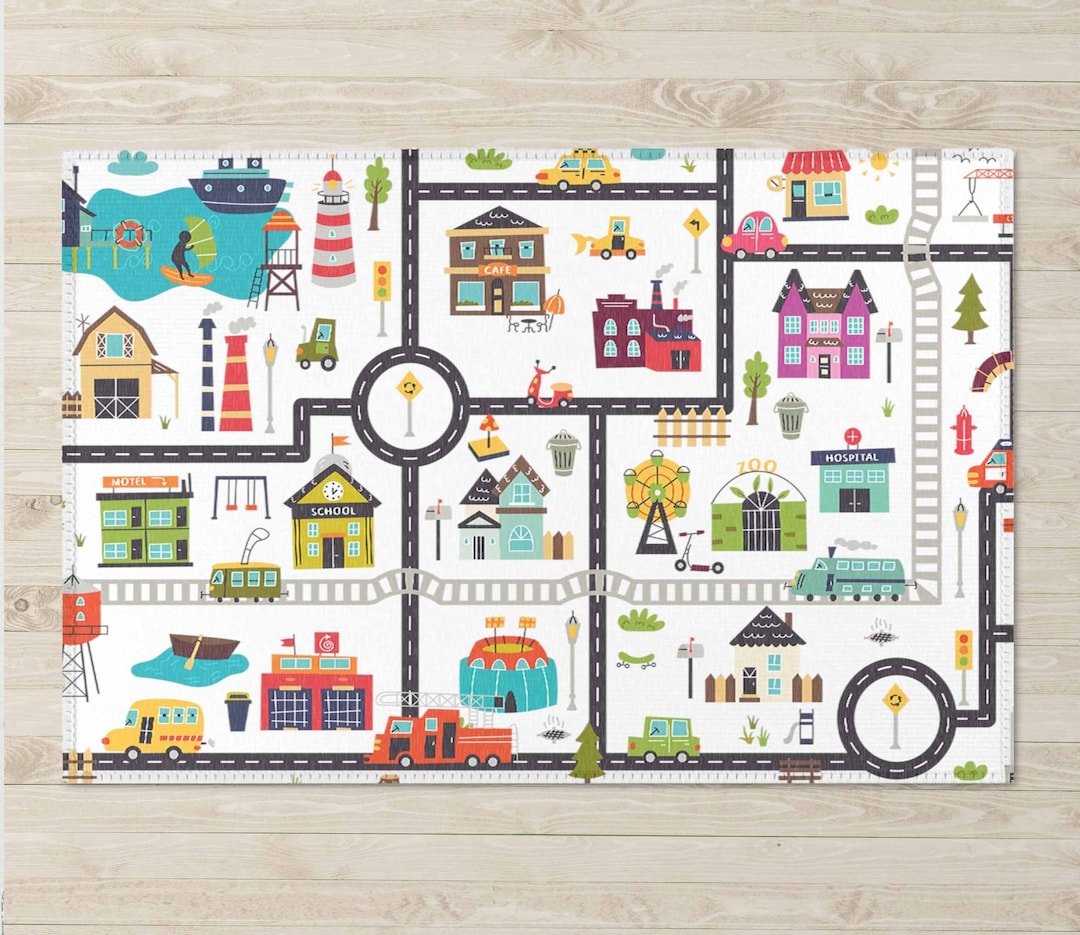 City Traffic Map Children Friendly Carpet, Traffic Car Road Map Rug ...