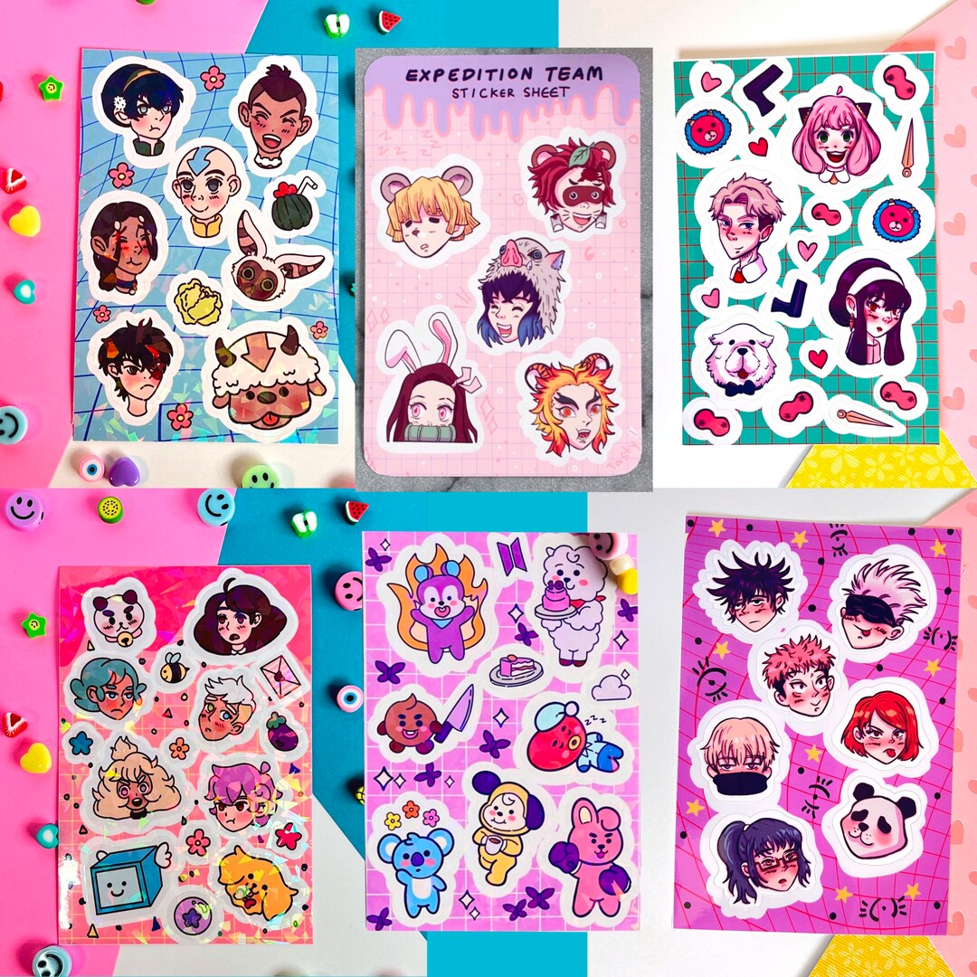 Anime Inspired Sticker Sheets Bee Puppy Cat ATLA JJK Spy Fam Demon Kny ...