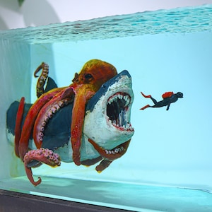 Shark Vs Kraken Fight Diorama Megalodon Hunting Ocean Theme Epoxy Lamp ...