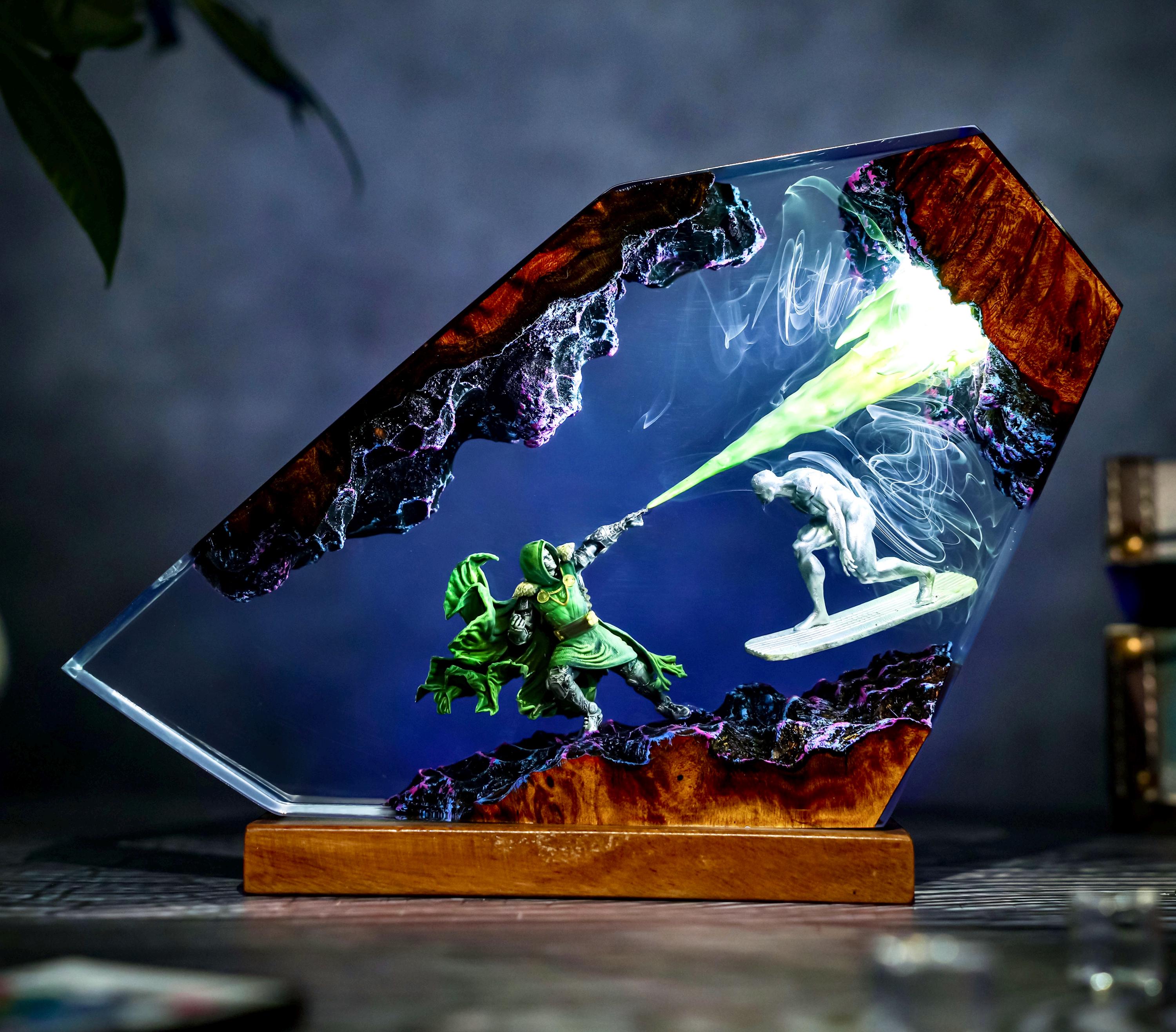 Cosmic Clash Lamp – Doom Vs Surfer Epoxy Lamp, Handmade Resin Diorama ...