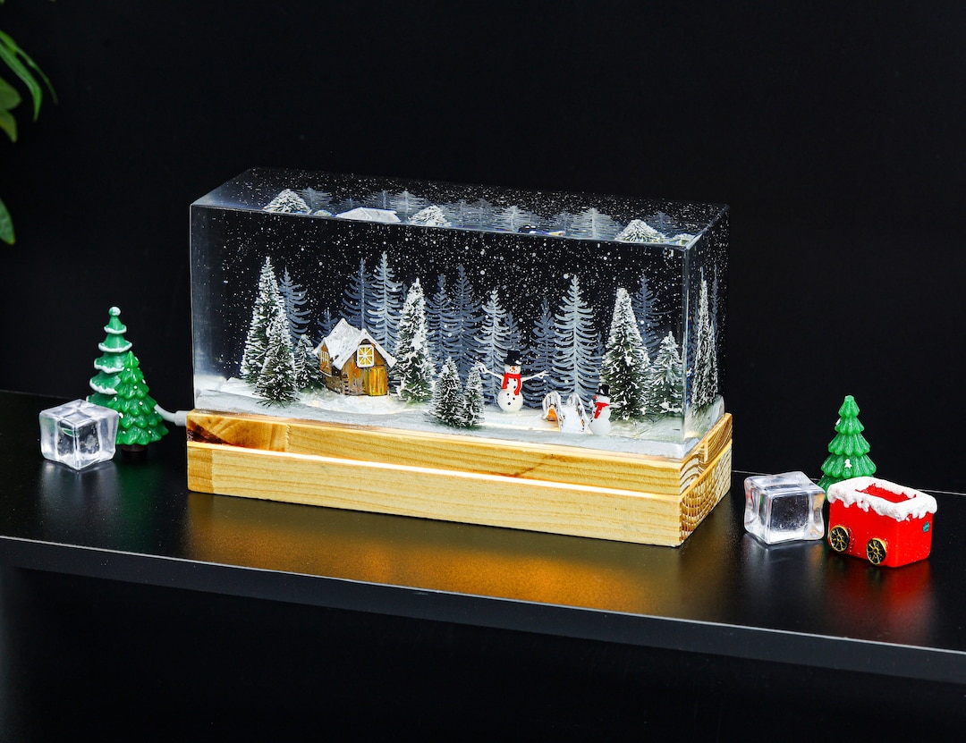 Snowman Resin Lamp Pine Forest Resin Diorama Modern Table Lamp Epoxy ...