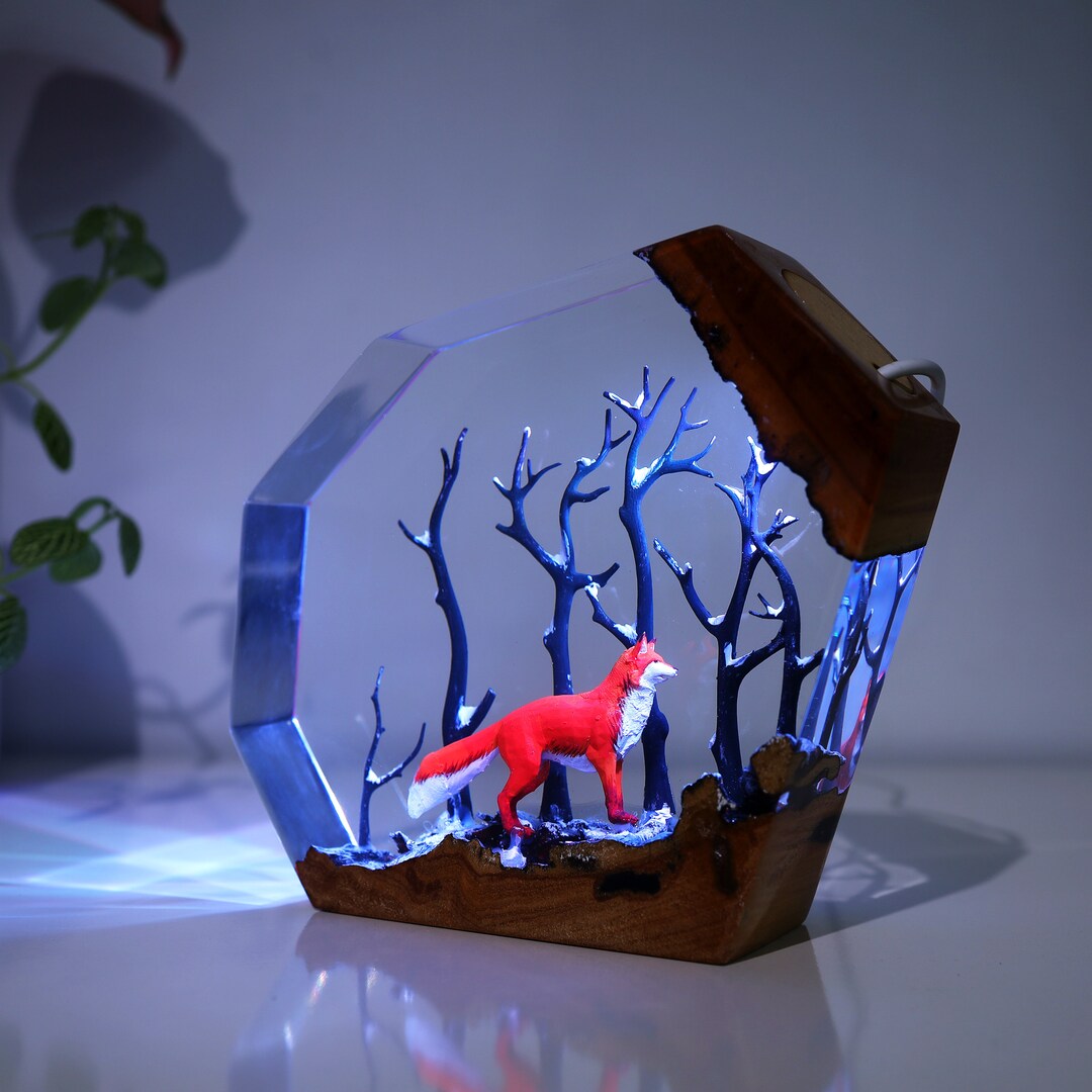 Fox in Winter Decoration Resin Lamp Wooden Fox Home Decor Craft Desk ...