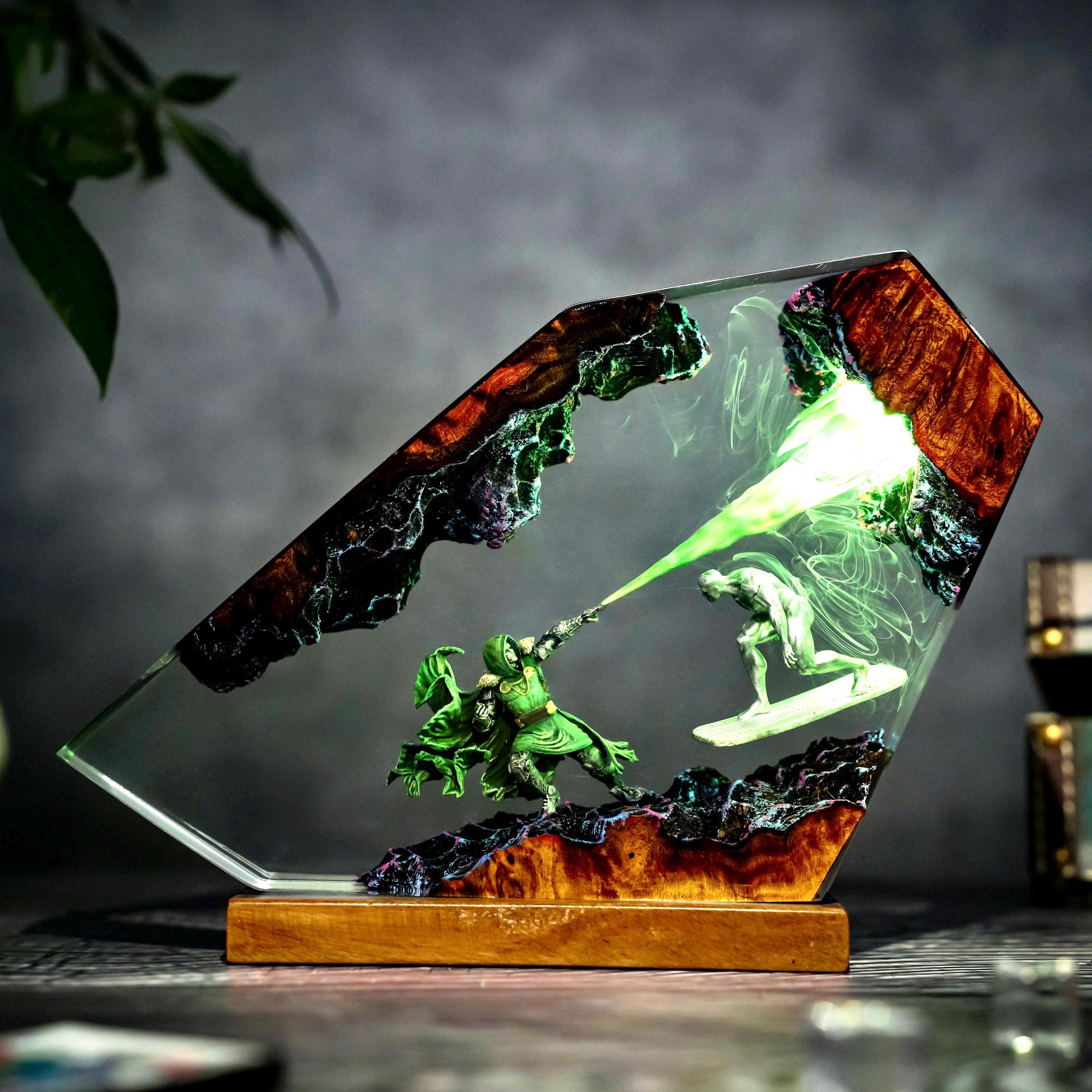 Cosmic Clash Lamp – Doom Vs Surfer Epoxy Lamp, Handmade Resin Diorama ...