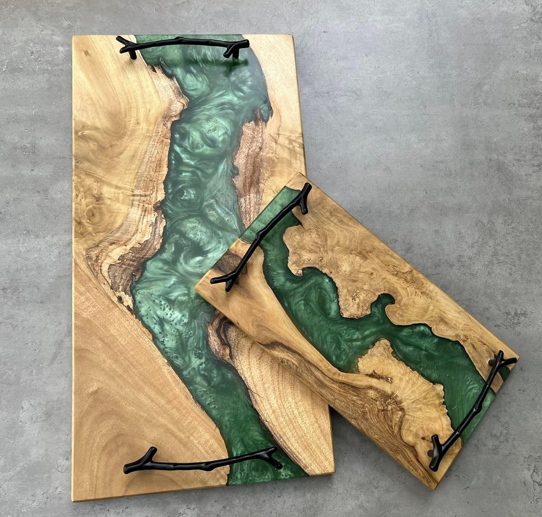 Walnut Epoxy Resin Live Edge Cheese Tray, Serving Board, Metal Handles ...