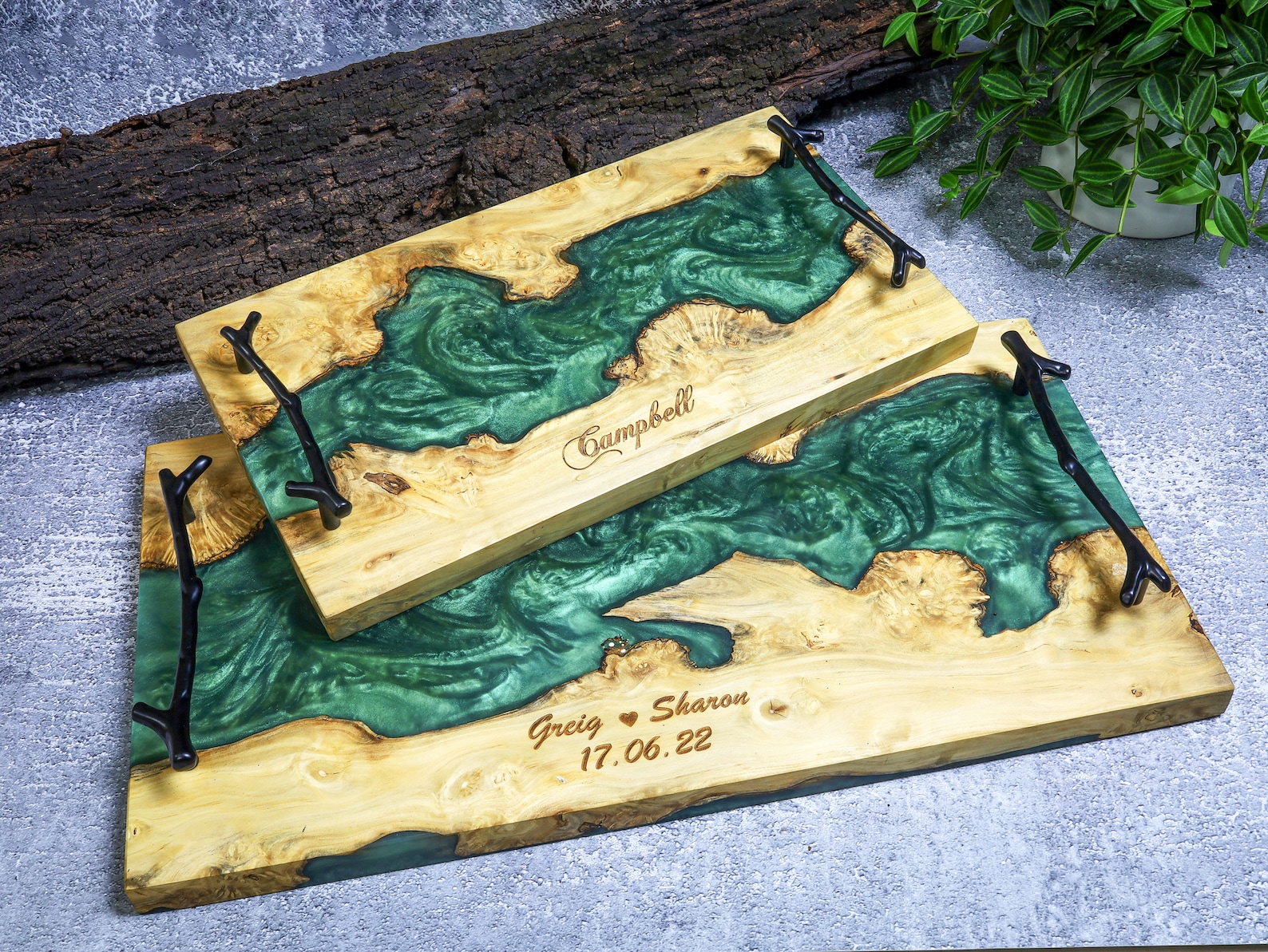 Walnut Epoxy Resin Live Edge Cheese Tray, Serving Board, Metal Handles ...