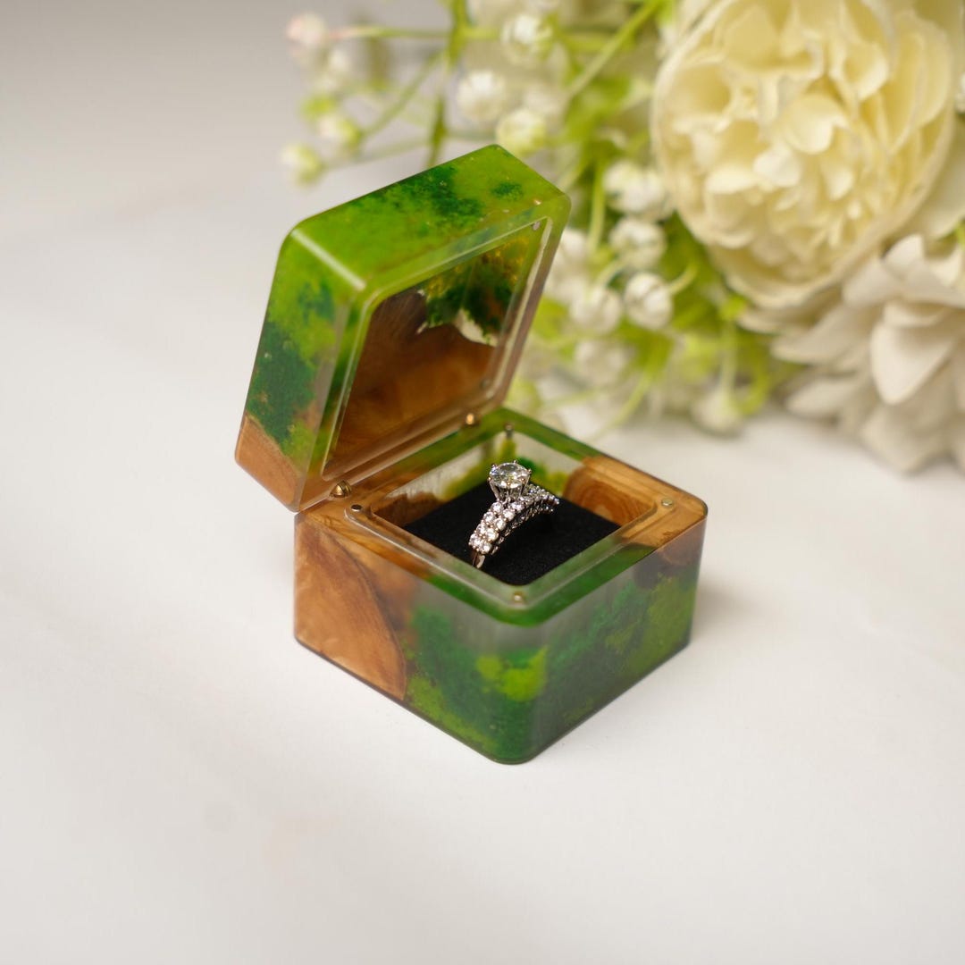 Green Epoxy Resin & Wood Engagement Ring Box, Personalized Wedding Ring ...