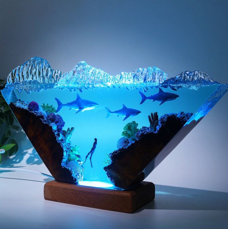 Great WHITE SHARK and Divers Night Lights, Manta Rays Epoxy Lamp, Epoxy ...