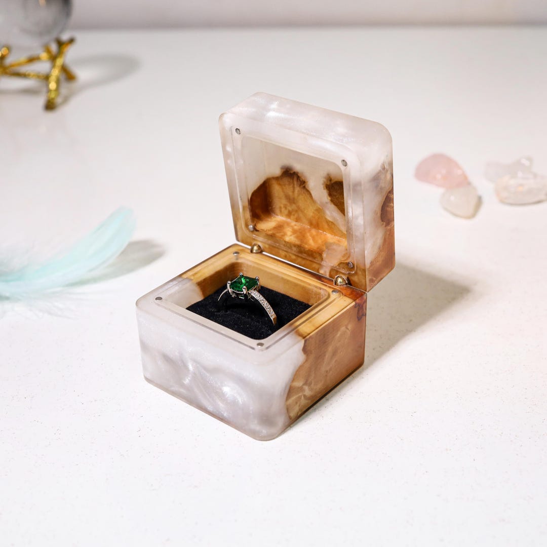 Custom Wooden and Resin Wedding Ring Box With Acrylic Lid, Personalized ...