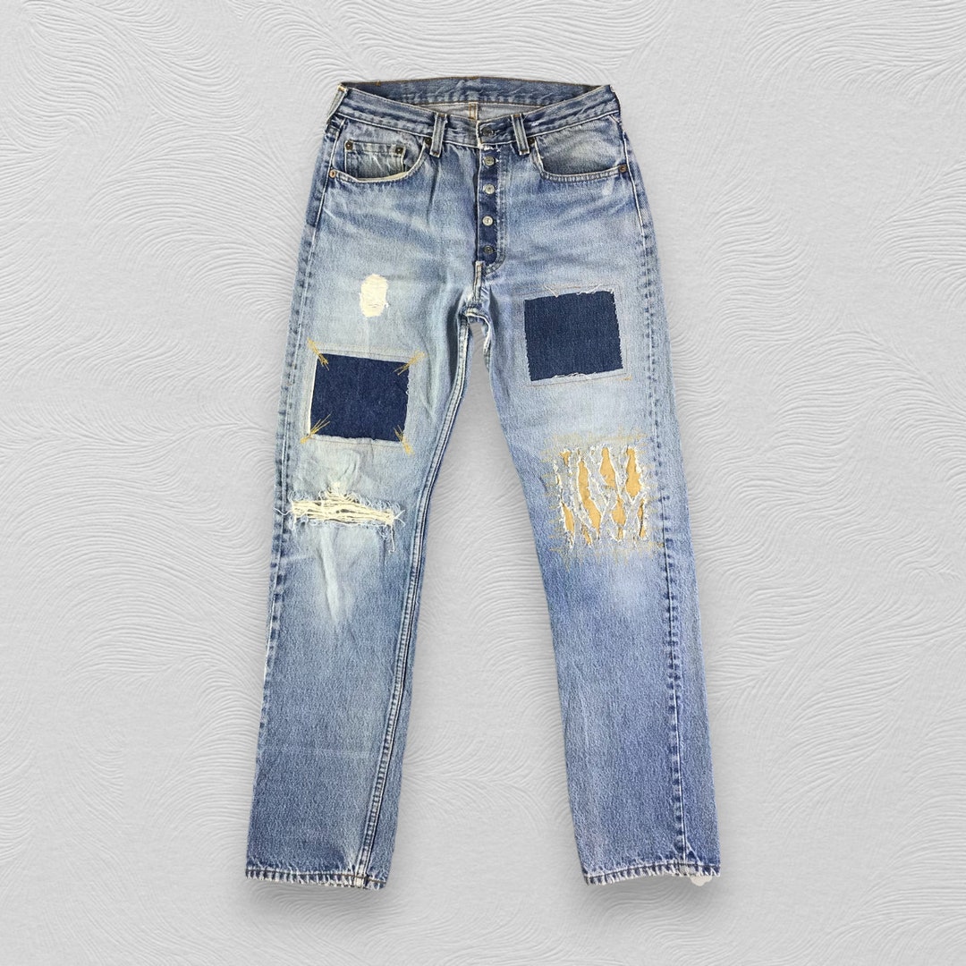 Vintage Levis 501 Jeans Levis Patchwork Jeans Levi's 501 Jeans Faded Blue Jeans Distressed Denim ...