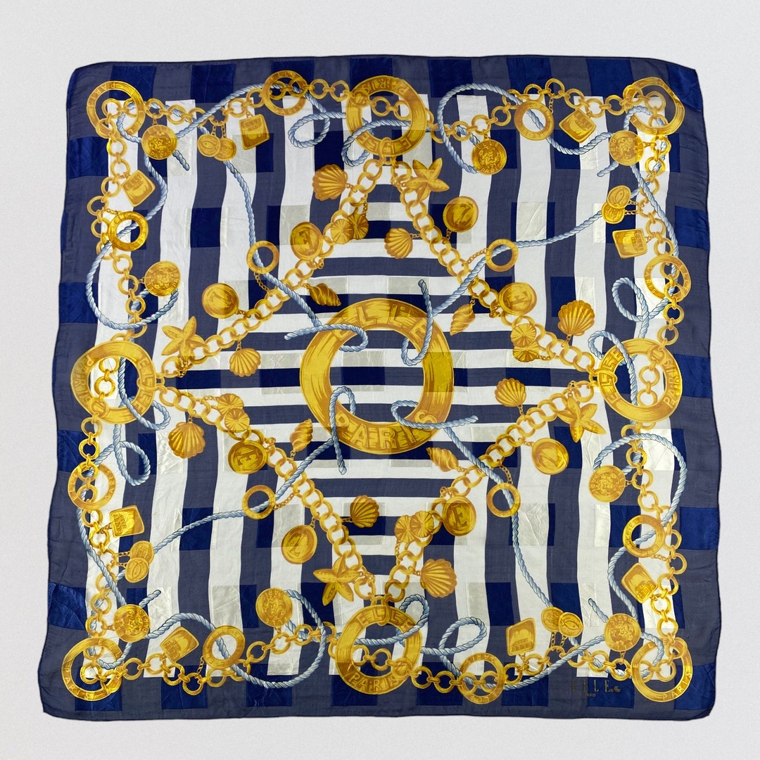 Vintage Elle Paris Silk Scarf, 90s Chain Scarf, Square Scarf, Women ...