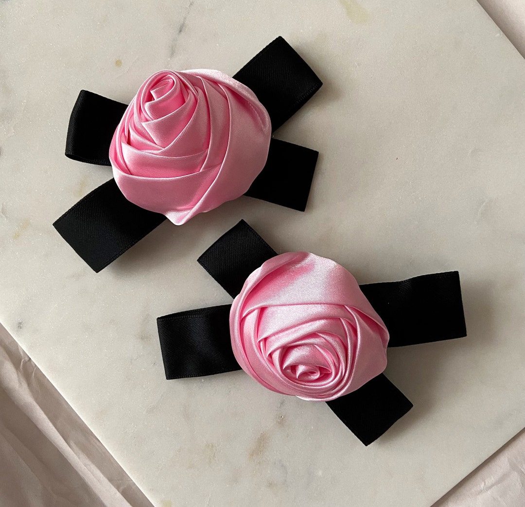 Pink and Black Ribbon Rosette Clip Barrette - Etsy